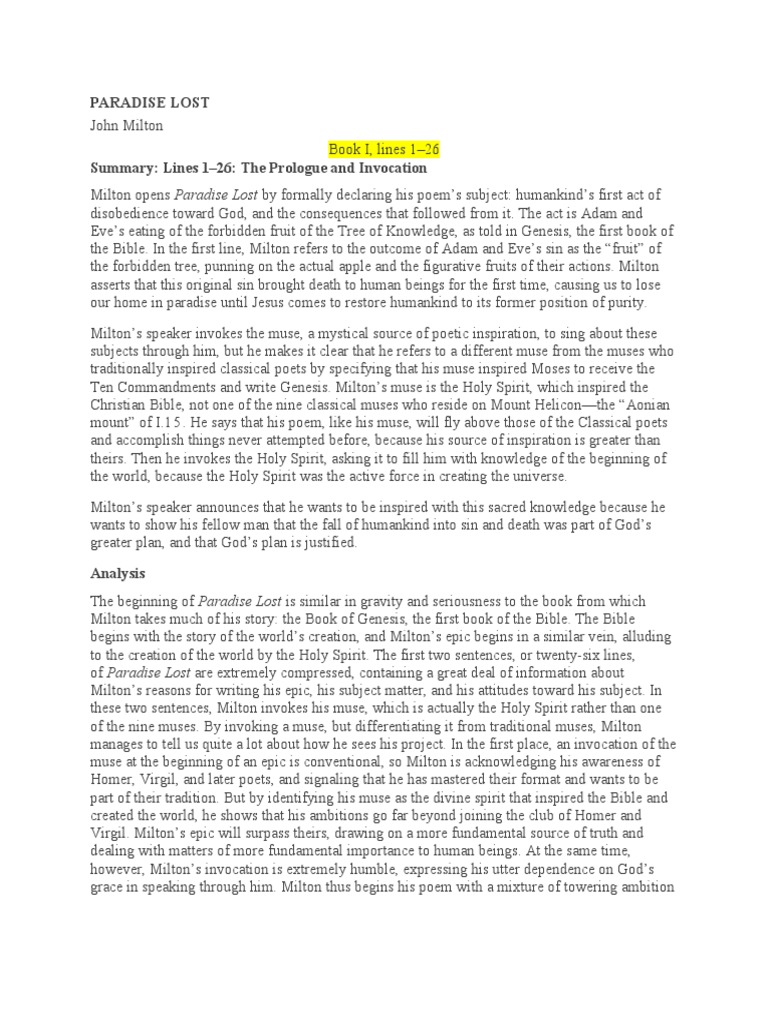 Notes On Paradise Lost Book 9 | Paradise Lost | John Milton