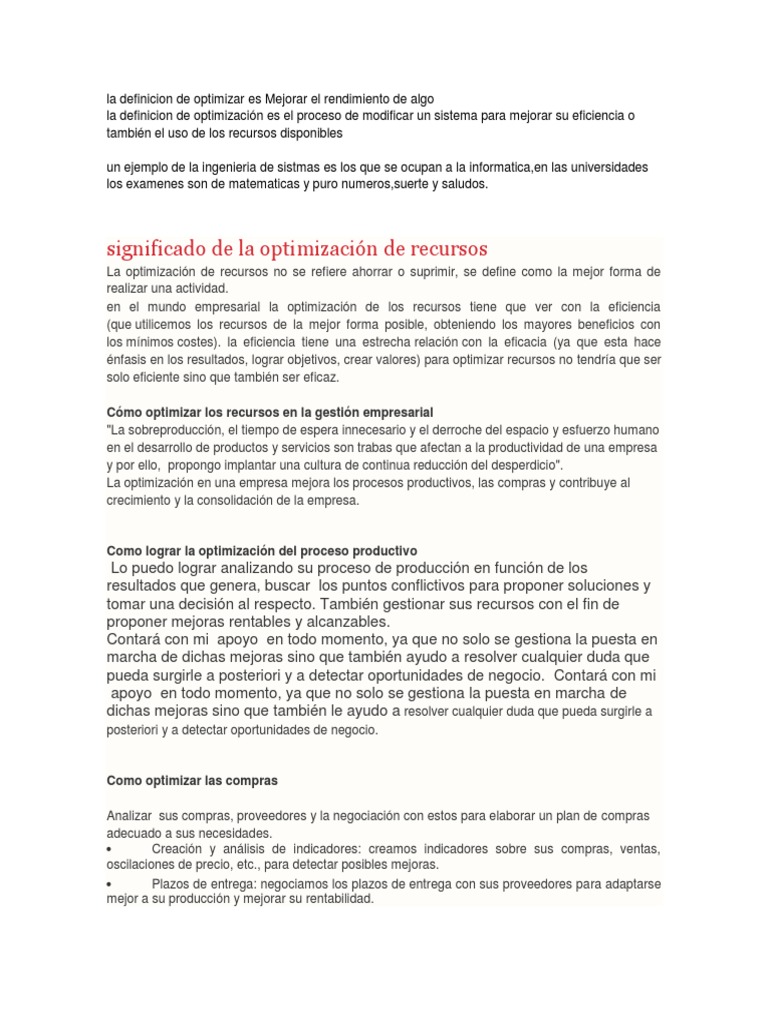 La Definicion de Optimizar Es Mejorar El Rendimiento de Algo | PDF ...