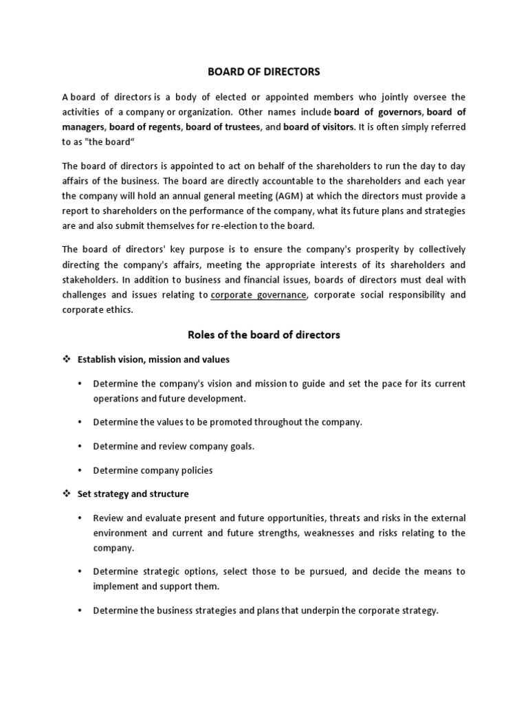 Board of Directors | PDF | Executive Director | Board Of Directors