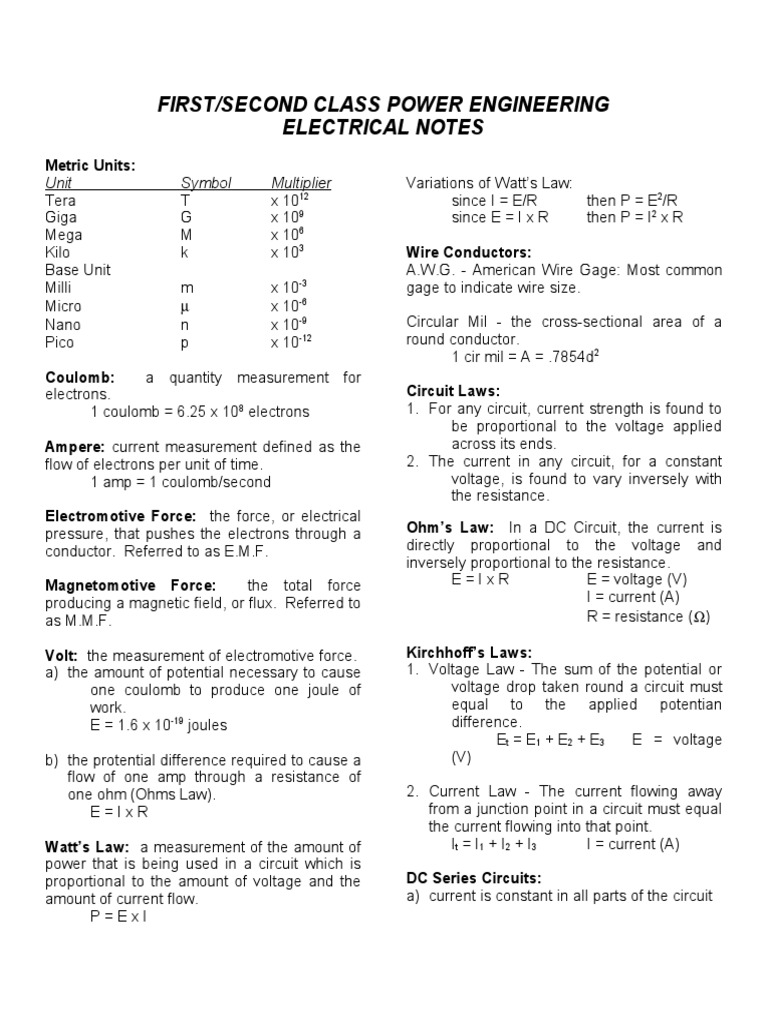First/Second Class Power Engineering Electrical Notes: Unit Symbol ...
