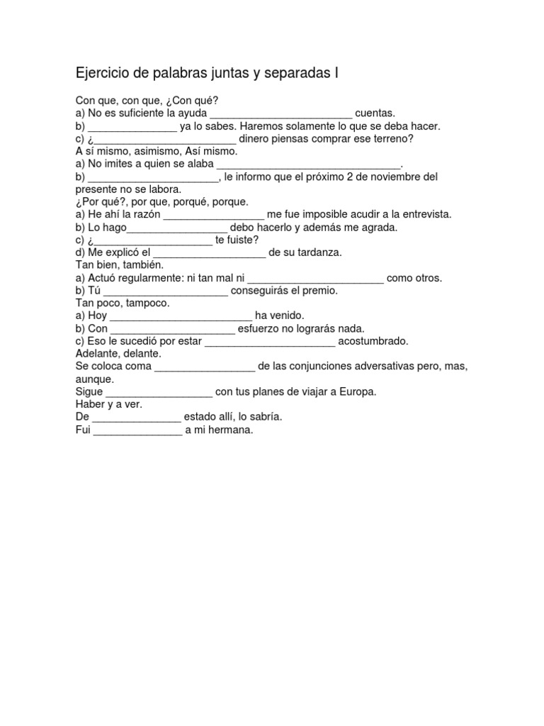 Ejercicio de Palabras Juntas y Separadas I | PDF | Crecimiento personal ...