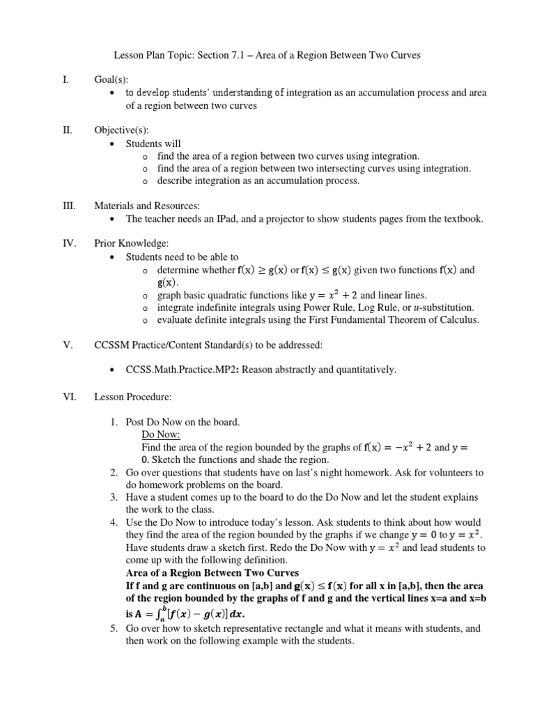 7 1 - Area Between Two Curves | PDF | Integral | Lesson Plan