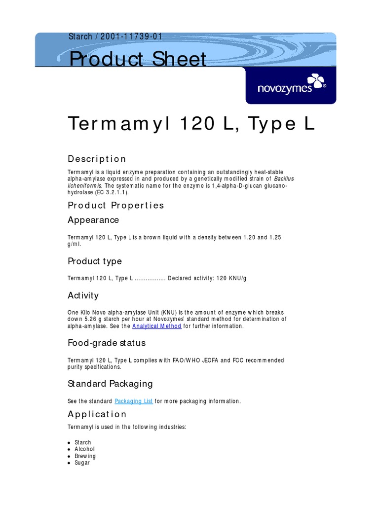 Termamyl 120L Type L B-0552 | PDF | Starch | Ph