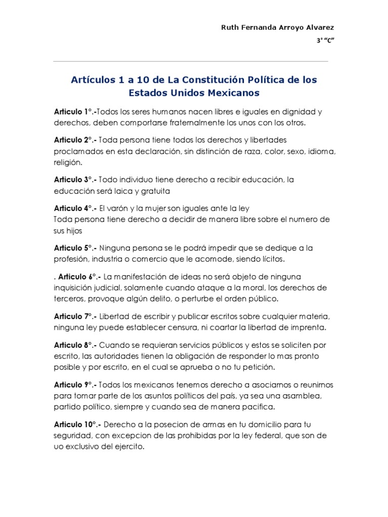 Artículos 1 A 10 de La Constitución Política de Los Estados Unidos ...