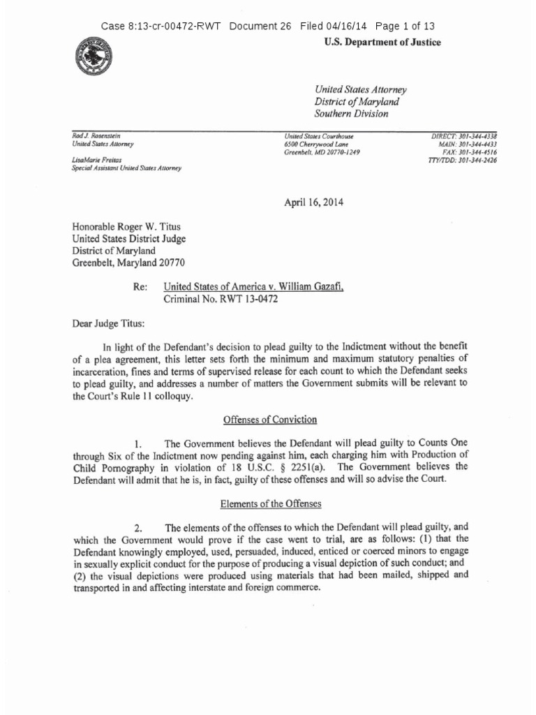 USA v. William Gazafi Plea Letter To Judge Titus | PDF | Plea | Misconduct