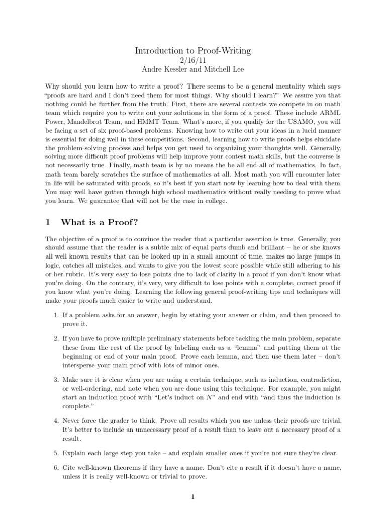 Introduction To Proof-Writing: 2/16/11 Andre Kessler and Mitchell Lee ...