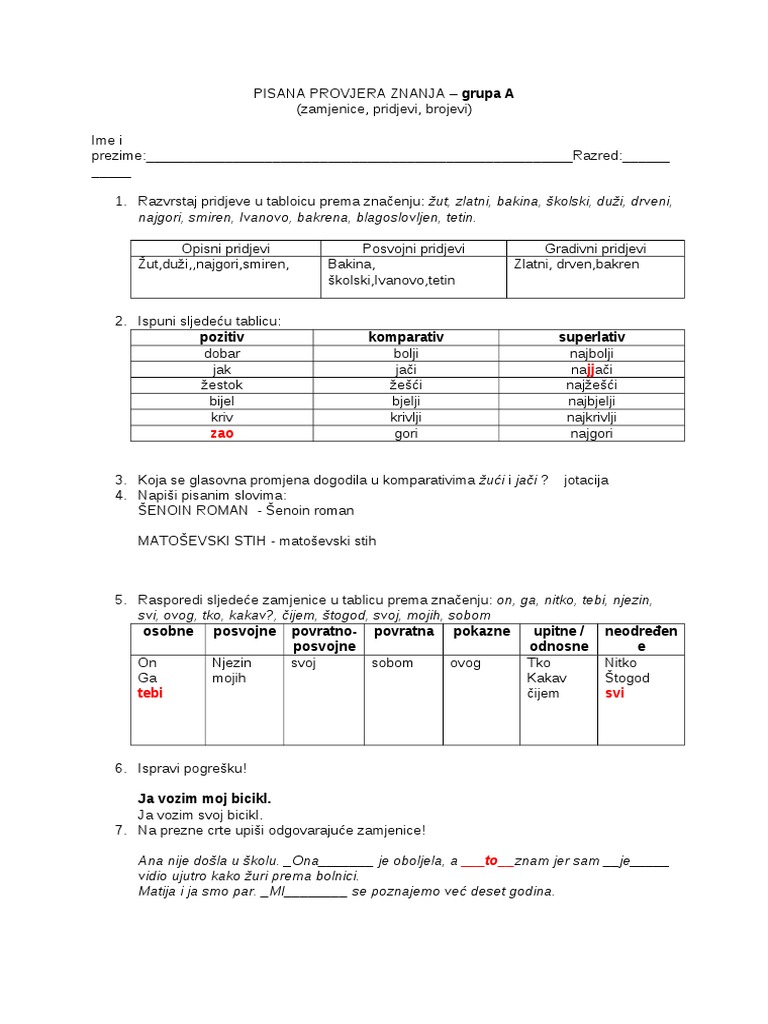 PISANA PROVJERA ZNANJA-zamjenice, Brojevi, Pridjevi | PDF