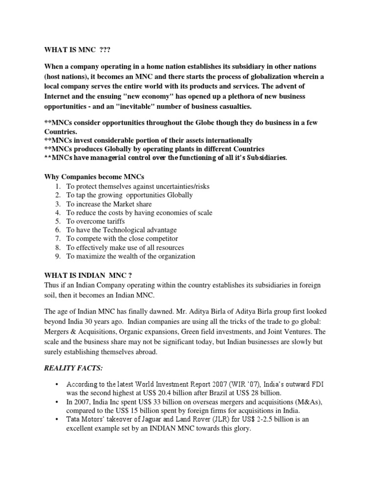 What Is MNC | PDF | Multinational Corporation | Mergers And Acquisitions