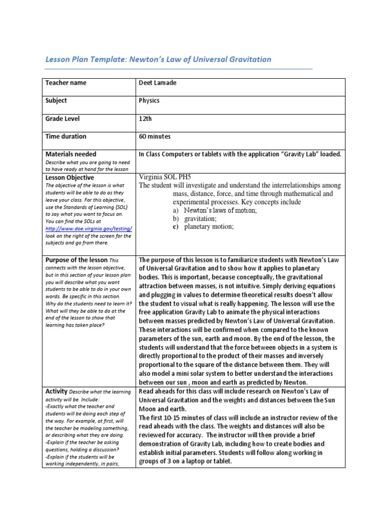M4-Lesson Plan | PDF | Newton's Law Of Universal Gravitation | Gravity