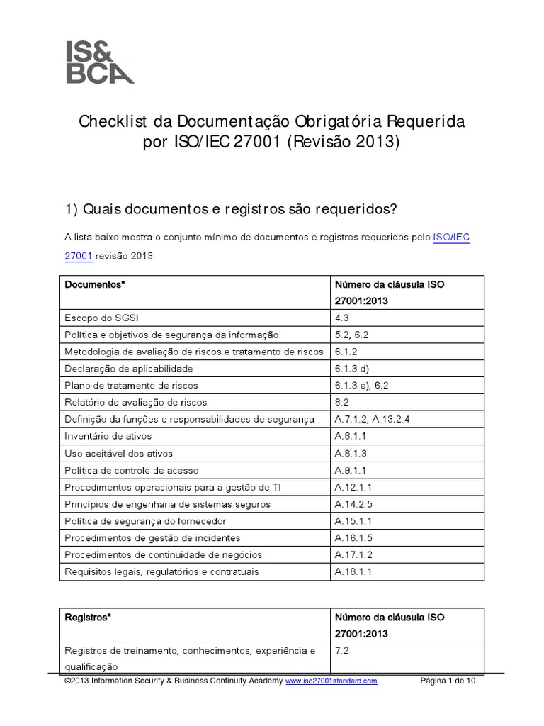 Checklist of Mandatory Documentation Required by ISO 27001 2013 PT PDF ...