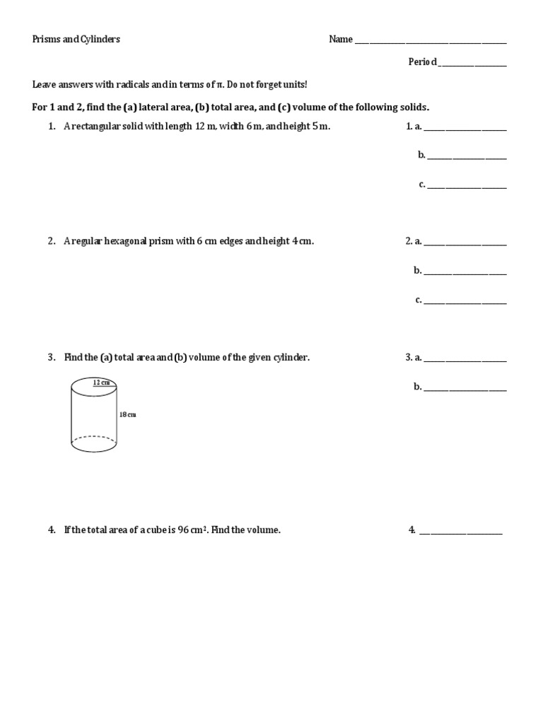 Prisms, Cylinders, and Volume Calculations | PDF | Home & Garden ...