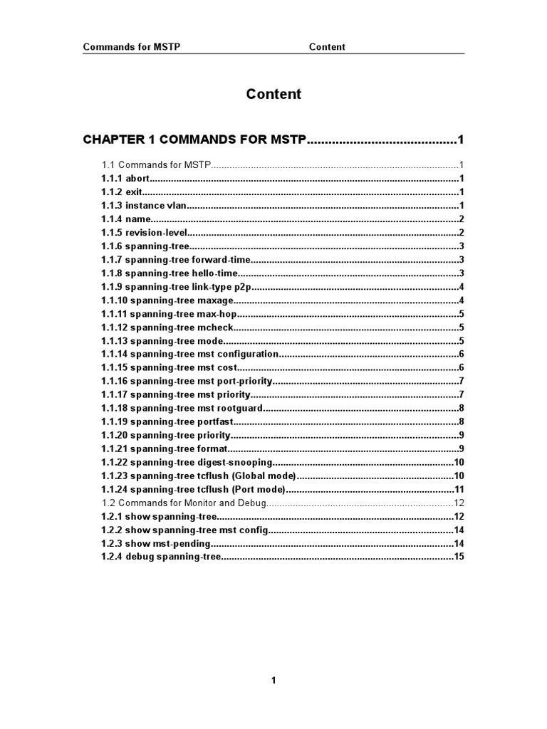 Content: CHAPTER 1 COMMANDS FOR MSTP.......................................... 1 | PDF | Network ...