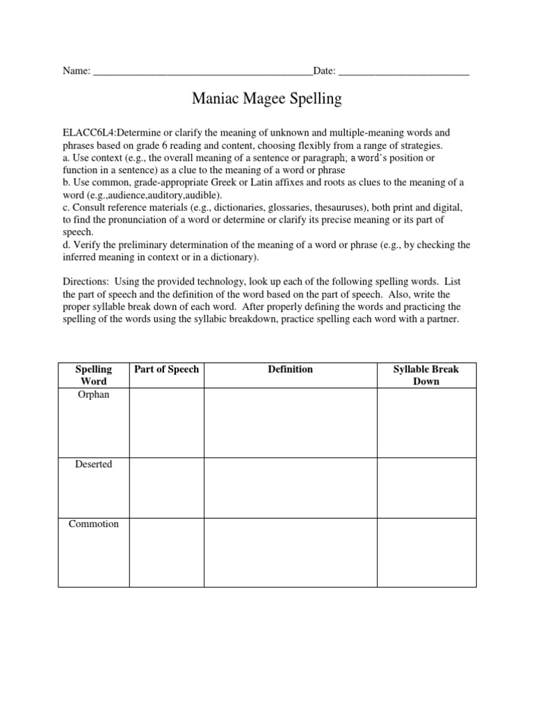Maniac Magee Spelling Practice Guide | PDF