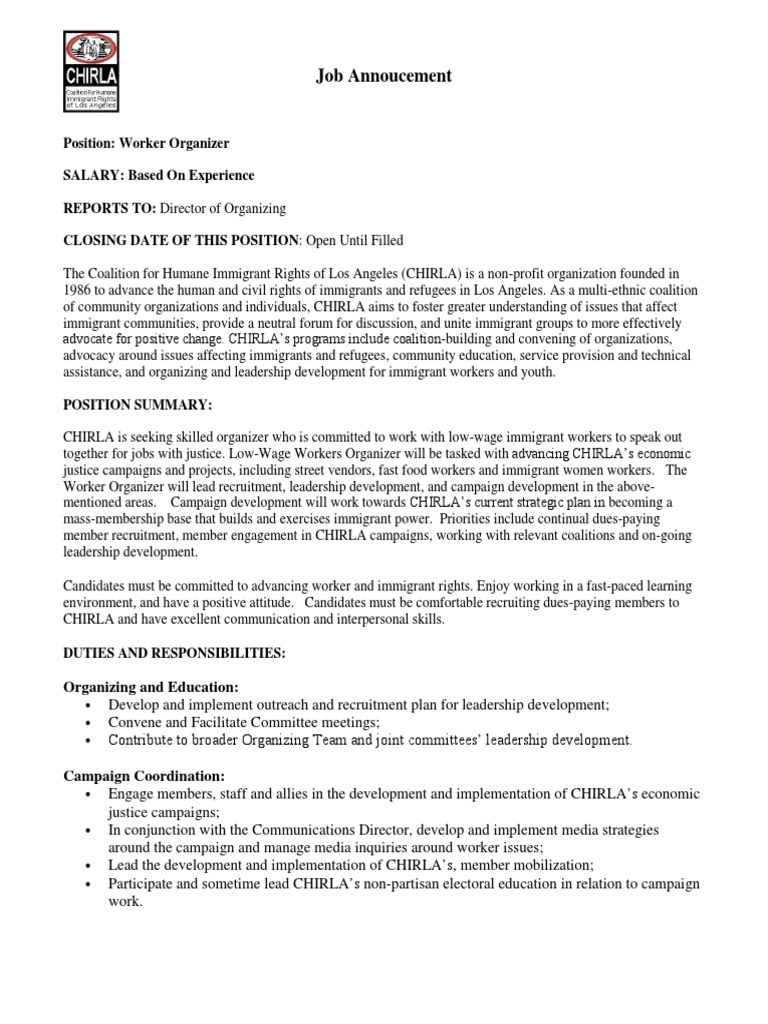 Worker Organizer Job Posting | PDF | Immigration | Leadership