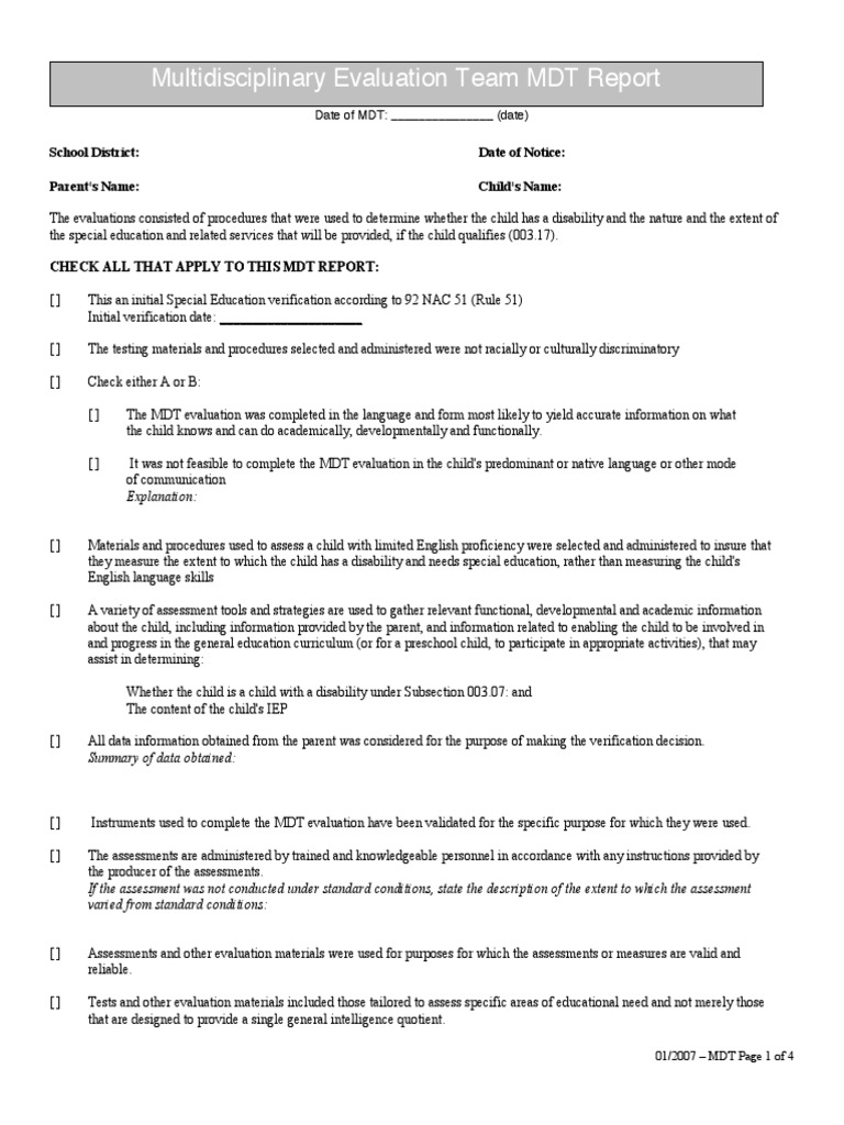 MDT Report Form | PDF | Educational Assessment | Special Education