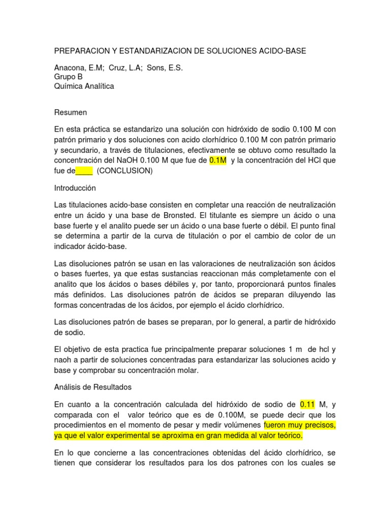 Estandarización de Soluciones Ácido-Base | PDF | Valoración | Química
