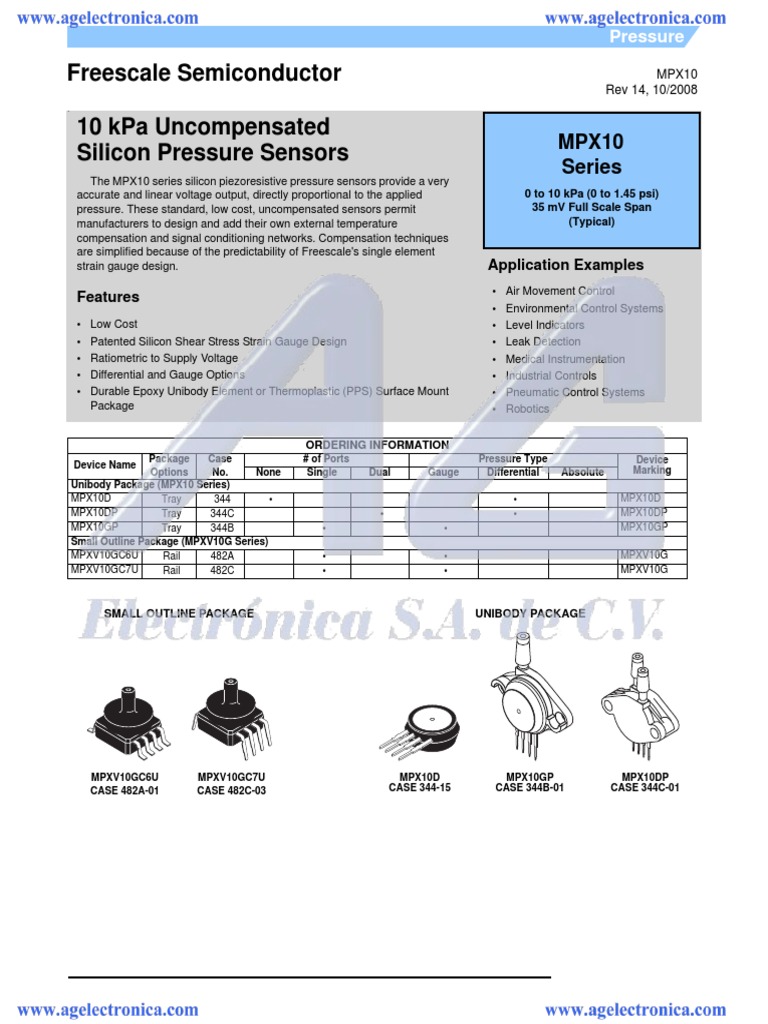 MPX10DP | Download Free PDF | Pressure Measurement | Sensor