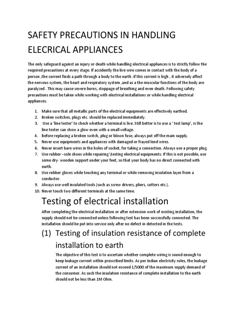 Safety Precautions in Handling Elecrical Appliances | PDF | Electrical ...