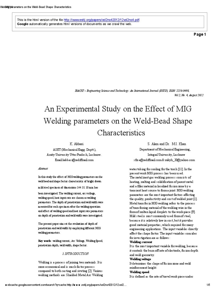 An Experimental Study On The Effect of MIG Welding Parameters On The ...