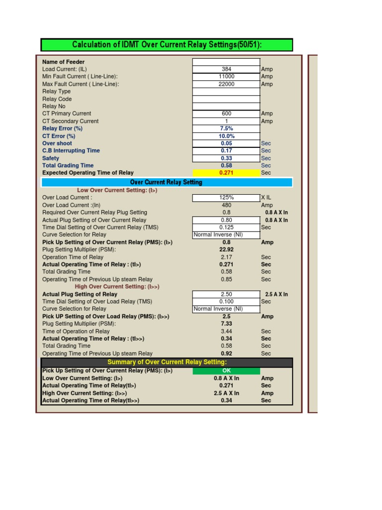 IDMT Relay Setting Calculations Guide | PDF | Relay | Power (Physics)