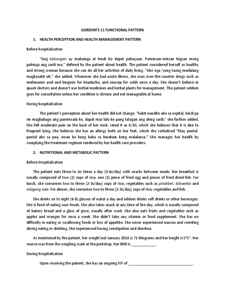 Gordon'S 11 Functional Pattern 1. Health Perception and Health ...