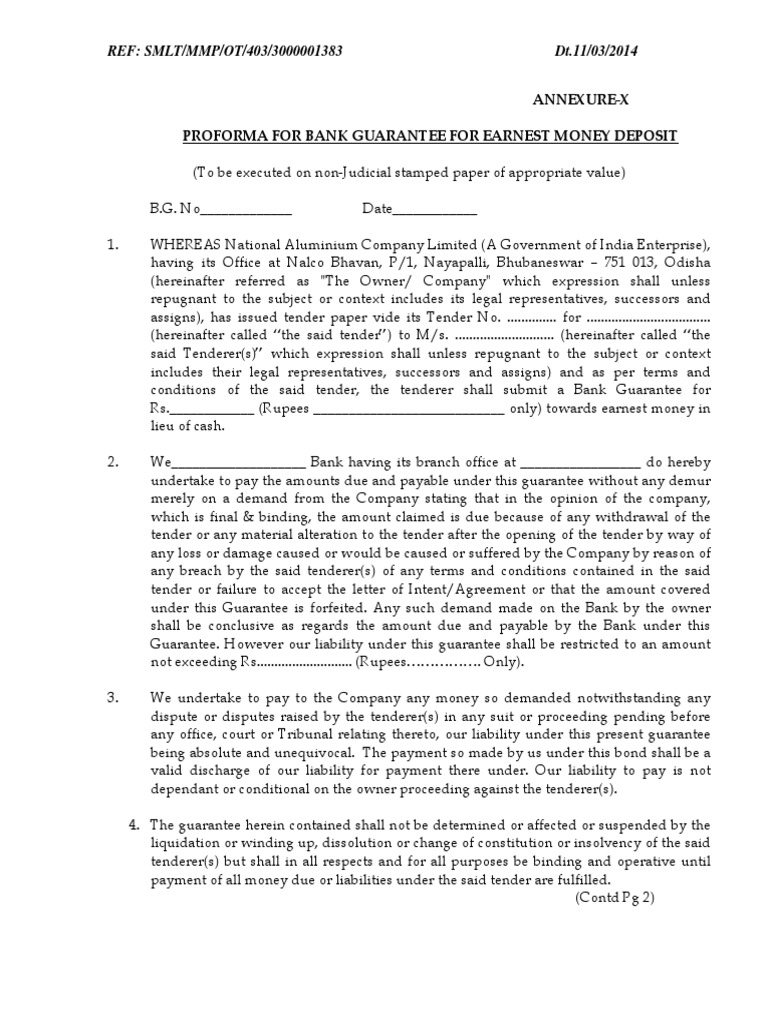 Annexure-X Proforma For Bank Guarantee For Earnest Money Deposit | PDF | Guarantee | Liquidation