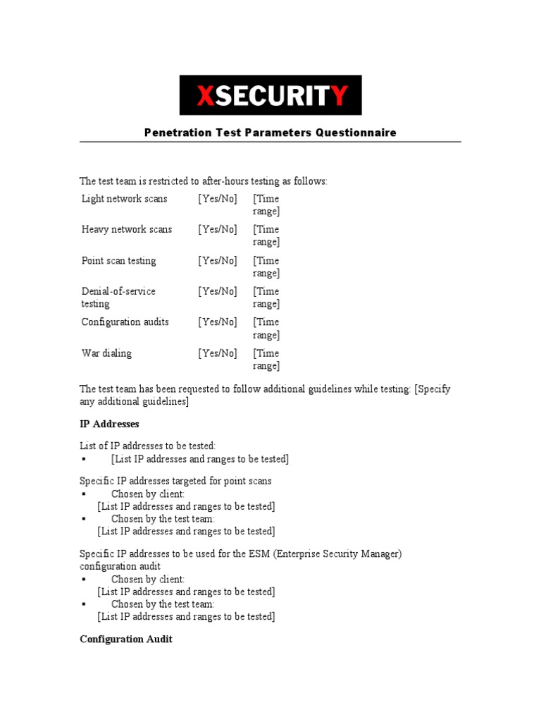 Penetration Test Parameters Questionnaire | PDF | Network Architecture ...