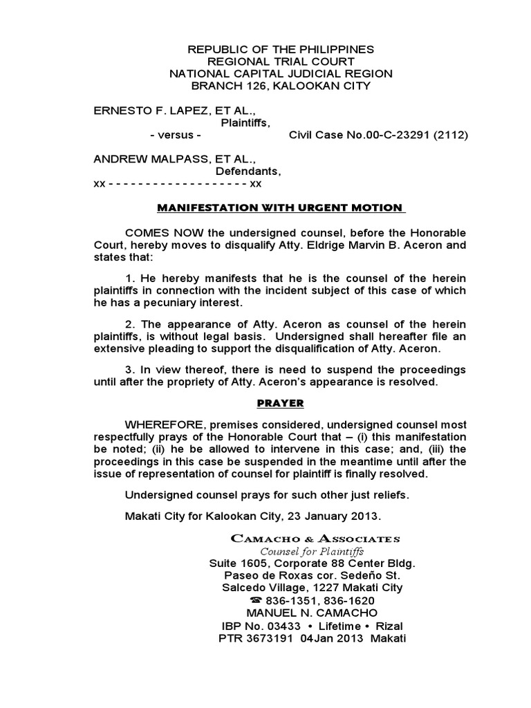 Manifestation and Urgent Motion | Judiciaries | Virtue