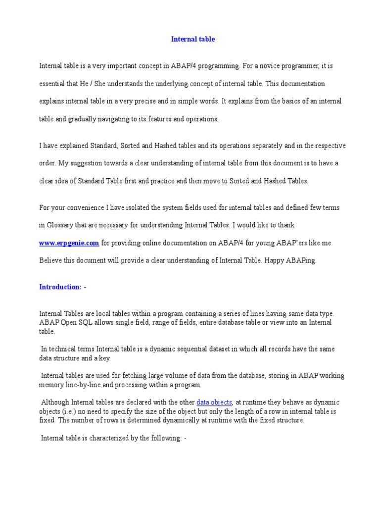 Internal Tables Concept in Abap | PDF | Teaching Methods & Materials | Computers