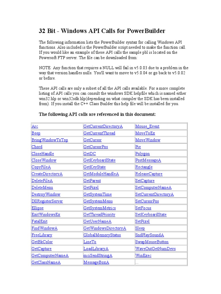 32 Bit - Windows API Calls For PowerBuilder | PDF | Library (Computing) | Subroutine