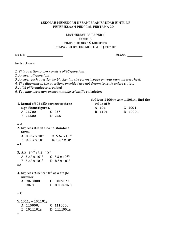 Form 5 Mathematics Exam Paper 2011 | PDF | Teaching Methods & Materials ...