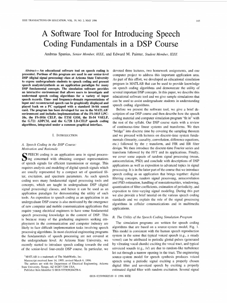 A Software Tool For Introducing Speech Coding Fundamentals in A DSP Course | PDF | Digital ...