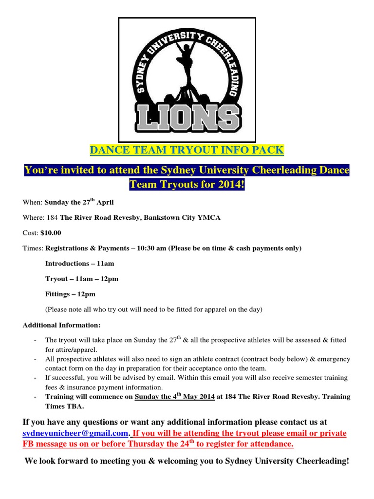 Dance Team Tryout Info Pack | PDF | Cheerleading | Sydney