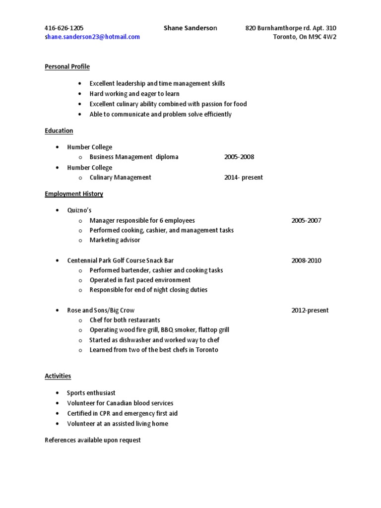 Shane Sanderson: Culinary Professional Resume | PDF | Cooking, Food ...