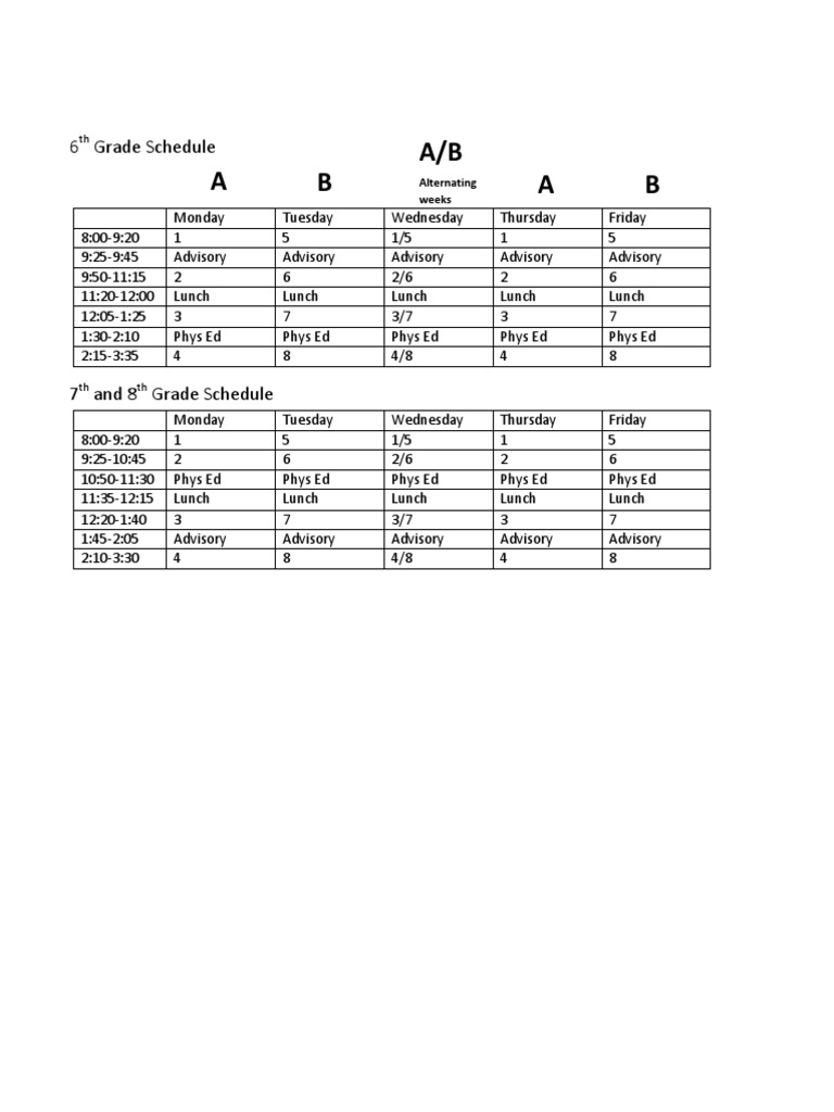 6th to 8th Grade Weekly Schedule | PDF