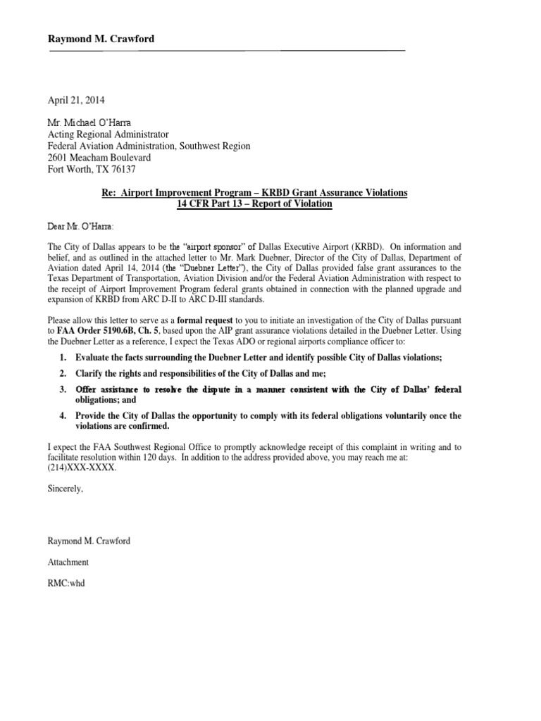 FAA Formal Complaint Letter | Federal Aviation Administration | Justice