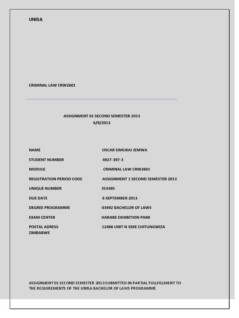 Criminal Law Crw2601 Assignment 1 Semester 2 2102 | PDF | Causation ... Criminal Law Crw2601 Assignment 1 Semester 2 2102 | PDF | Causation ...