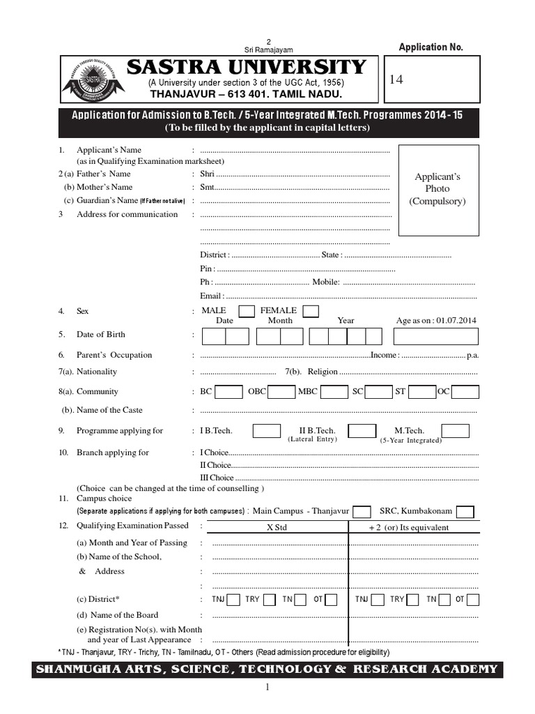 Sastra University Application Form BTech MTech Integrated | PDF ...