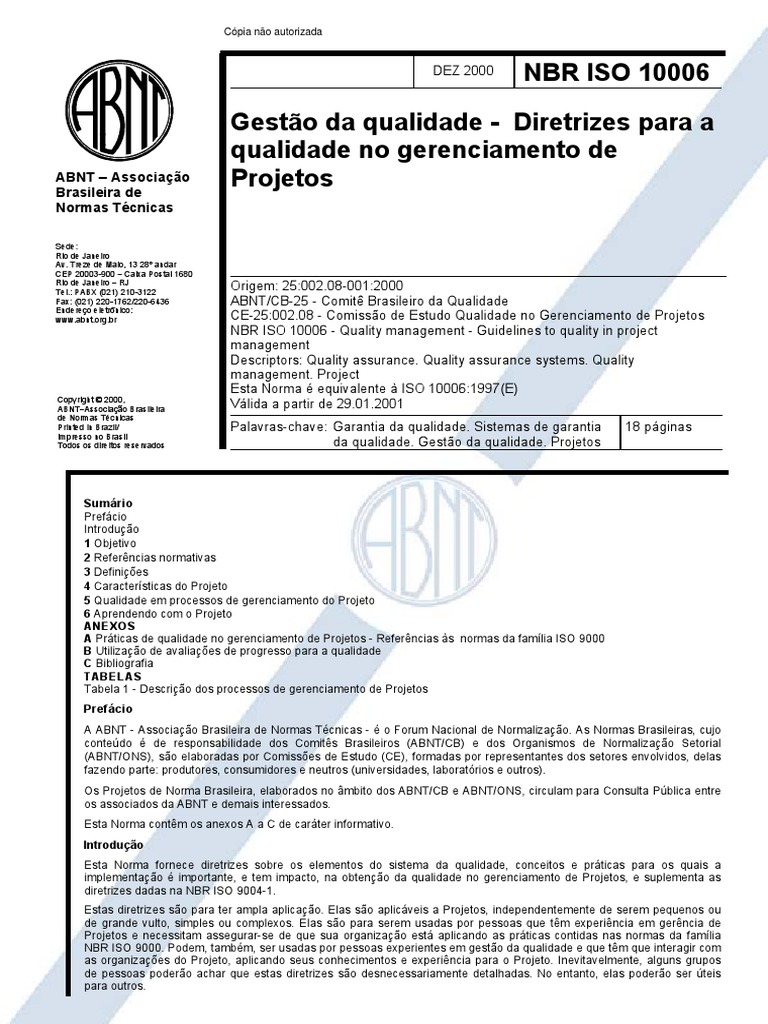 ABNT NBR ISO 10006 - Gestão Da Qualidade - Diretrizes para A Qualidade ...