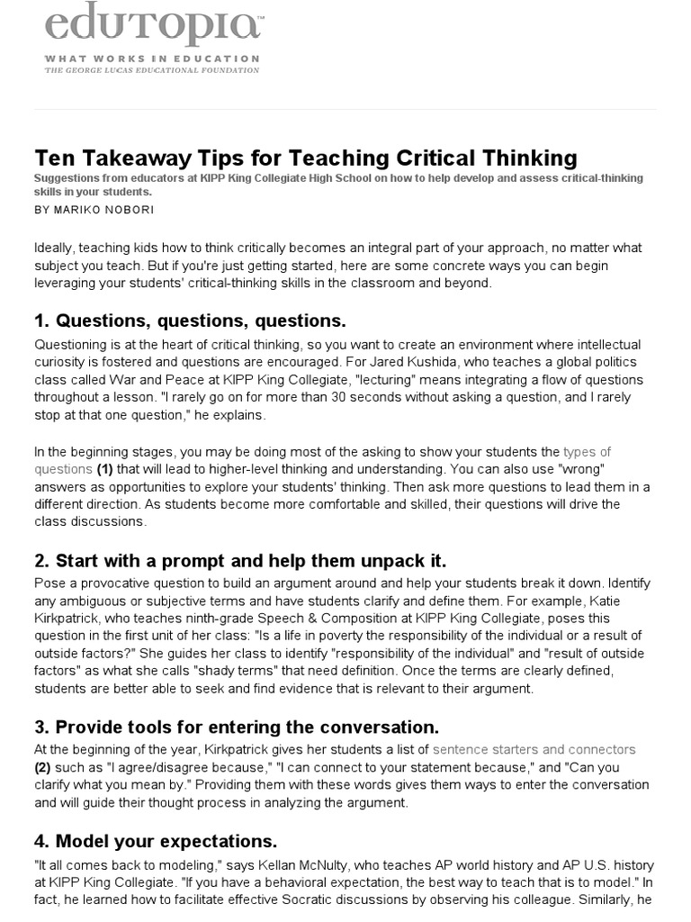 Ten Takeaway Tips For Teaching Critical Thinking - Edutopia | PDF ...