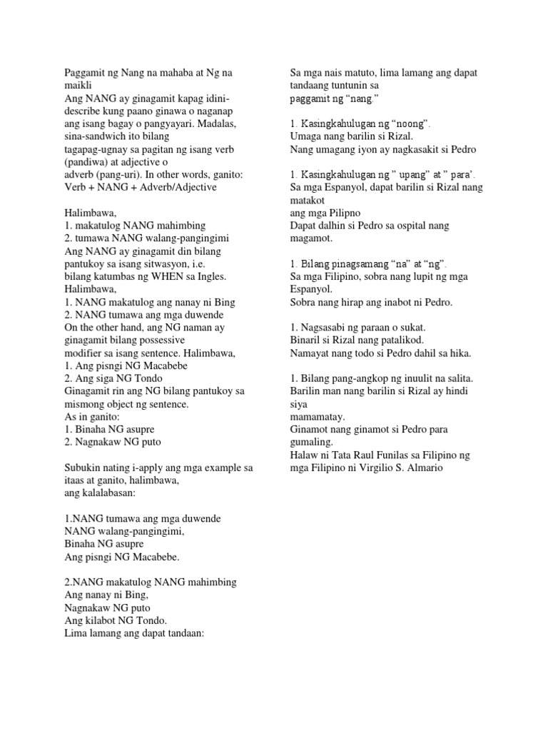 Paggamit NG Nang Na Mahaba at NG Na Maikli | PDF