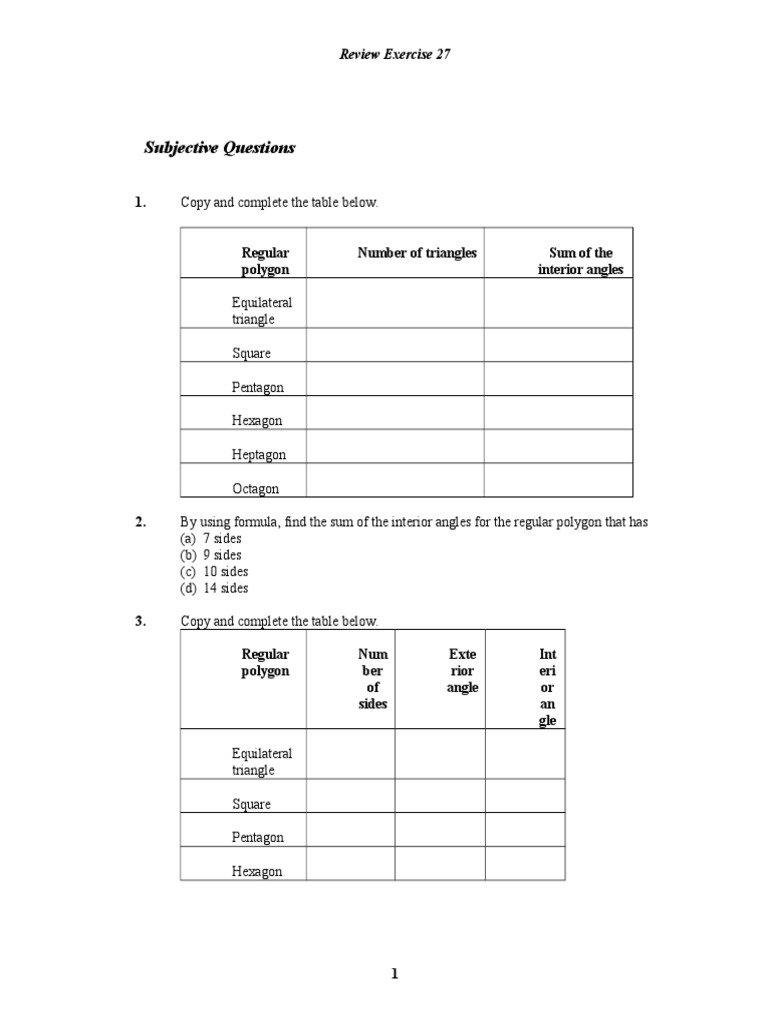 Review Exercise 27 (Subjective) Mathematic Form3 | PDF | Polygon | Triangle