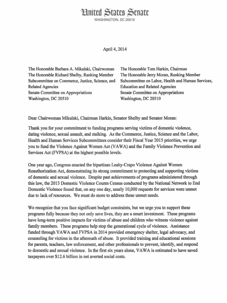 Tester's letter of support for VAWA | Violence | Domestic Violence ...