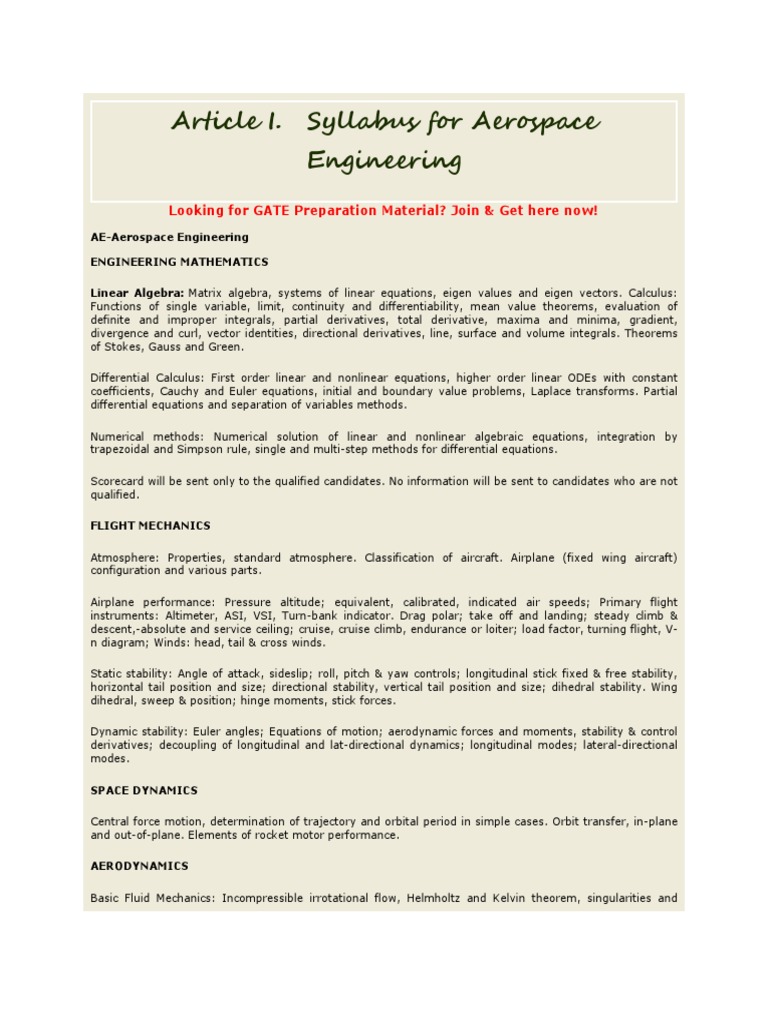 Aerospace Engineering GATE Syllabus | PDF | Aerodynamics | Compressible ...