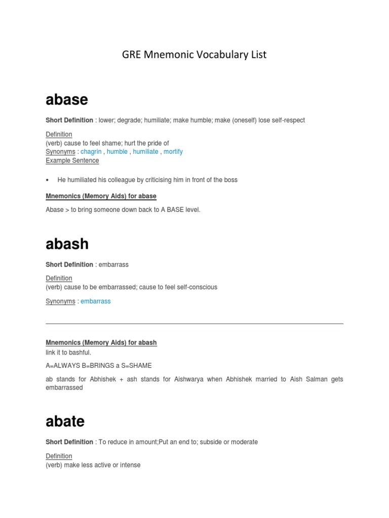 GRE Mnemonic Vocabulary List | PDF