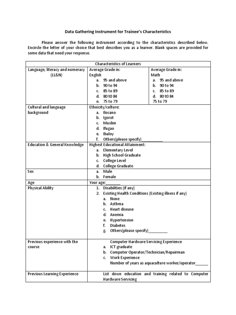 1 Data Gathering Instrument For Trainee | PDF | Learning Styles ...