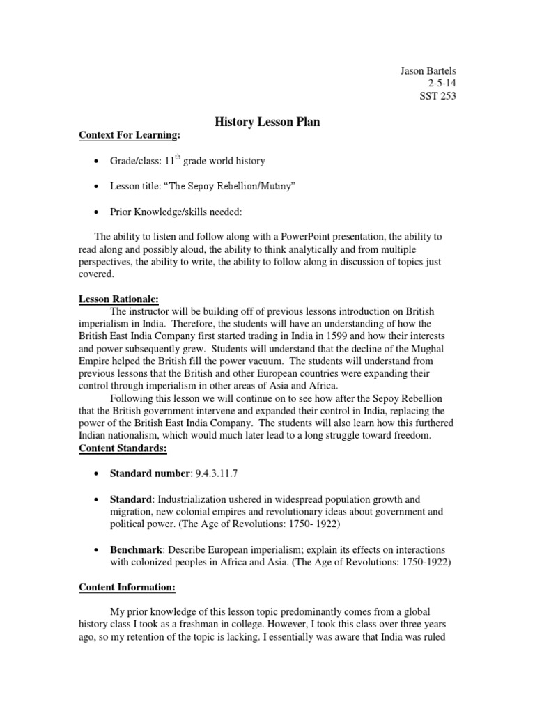 SST 253 History Lesson Plan | PDF | British Empire | Indian Rebellion ...