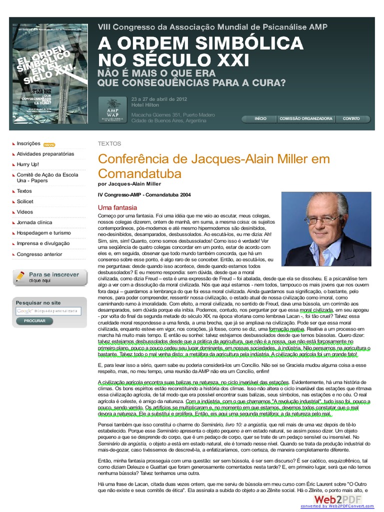 Conferência de Jacques-Alain Miller | PDF | Jacques Lacan | Psicanálise