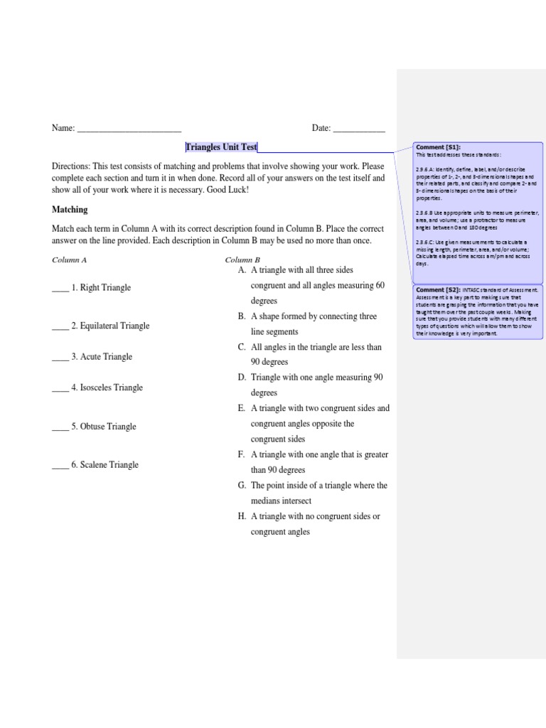 Triangles Unit Test | PDF | Triangle | Shape