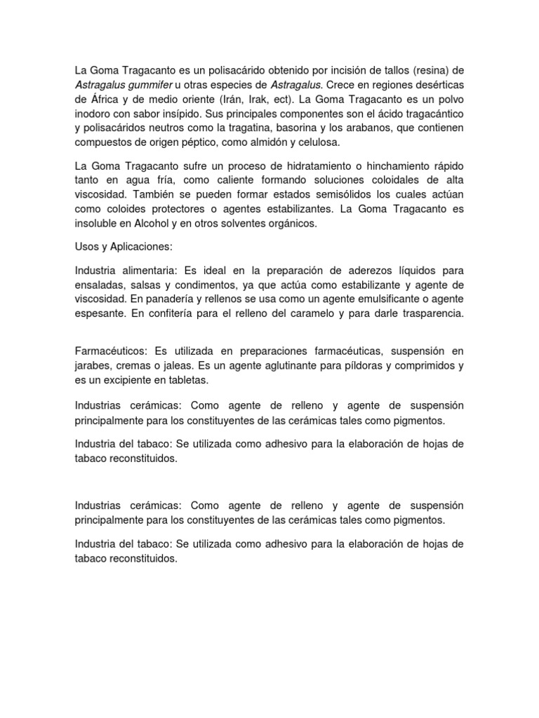 Usos y Origen de la Goma Tragacanto | PDF